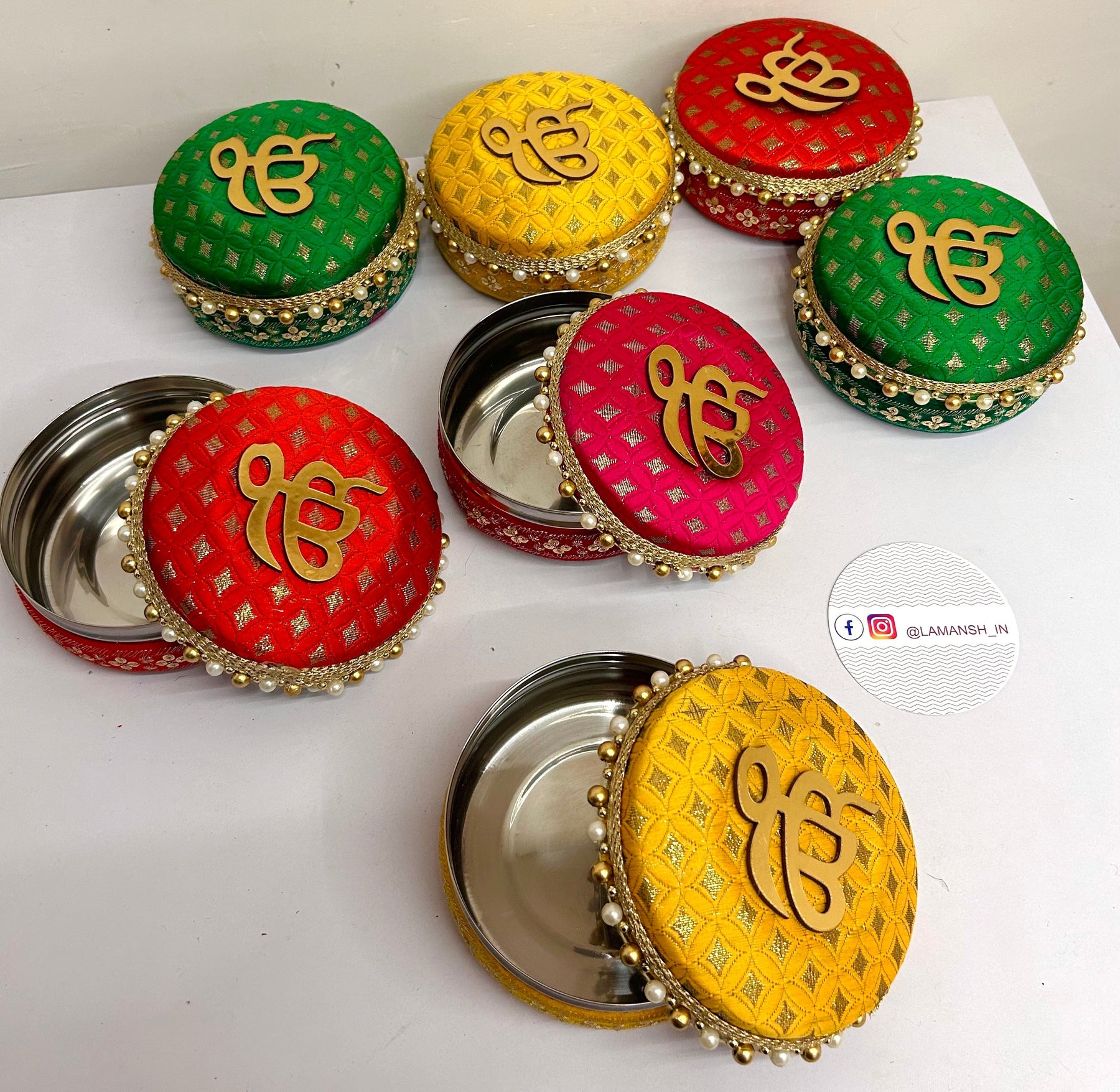 Ek Onkar Religious Steel gift boxes decorated with banarasi fabric / P ...
