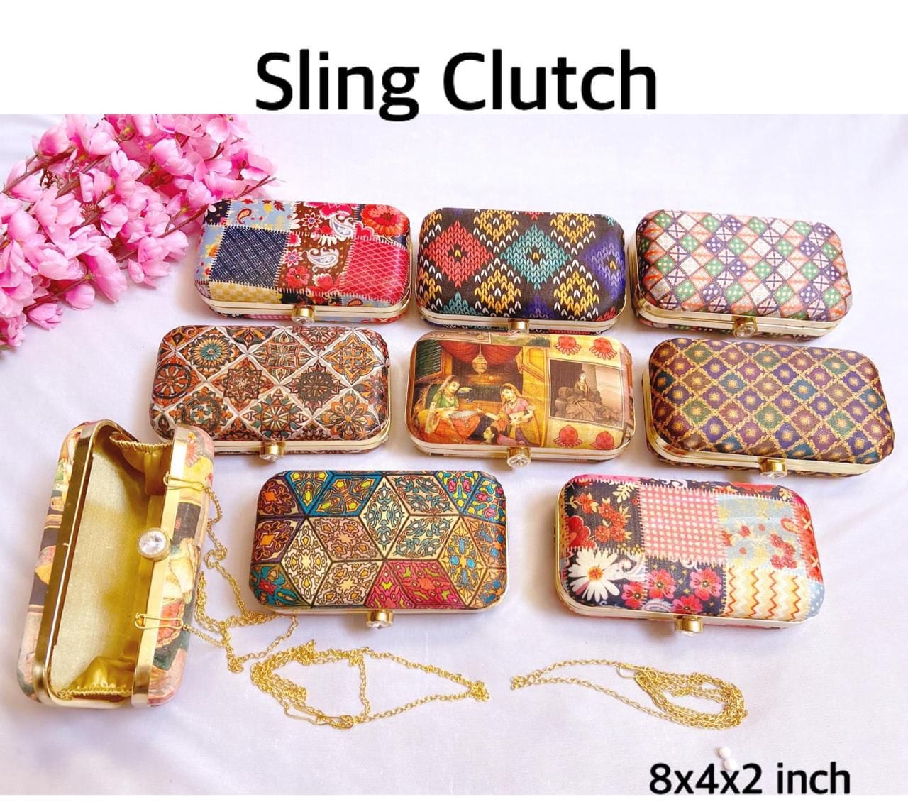New print metal clutch with hanging chain , Metal Purse Clutches, Wedd ...