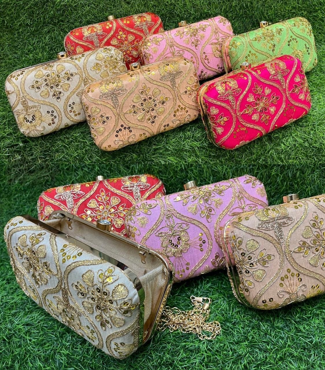 LAMANSH Golden Floral 🌸 Embroidered Clutch with hanging chain , Metal ...