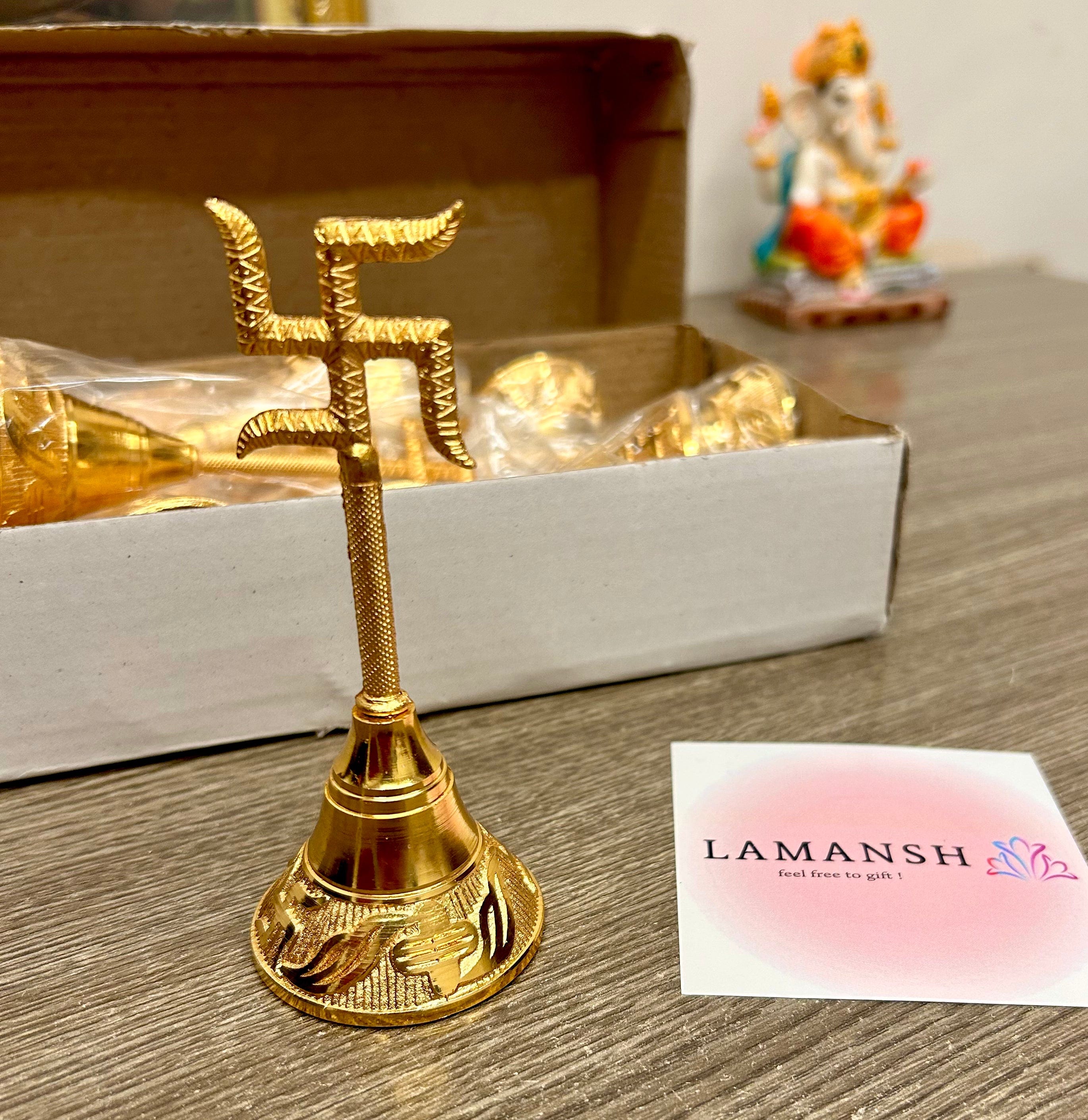 LAMANSH Golden Swastik Bells 🔔Ghanti for Puja Mandir or mangal path ce ...