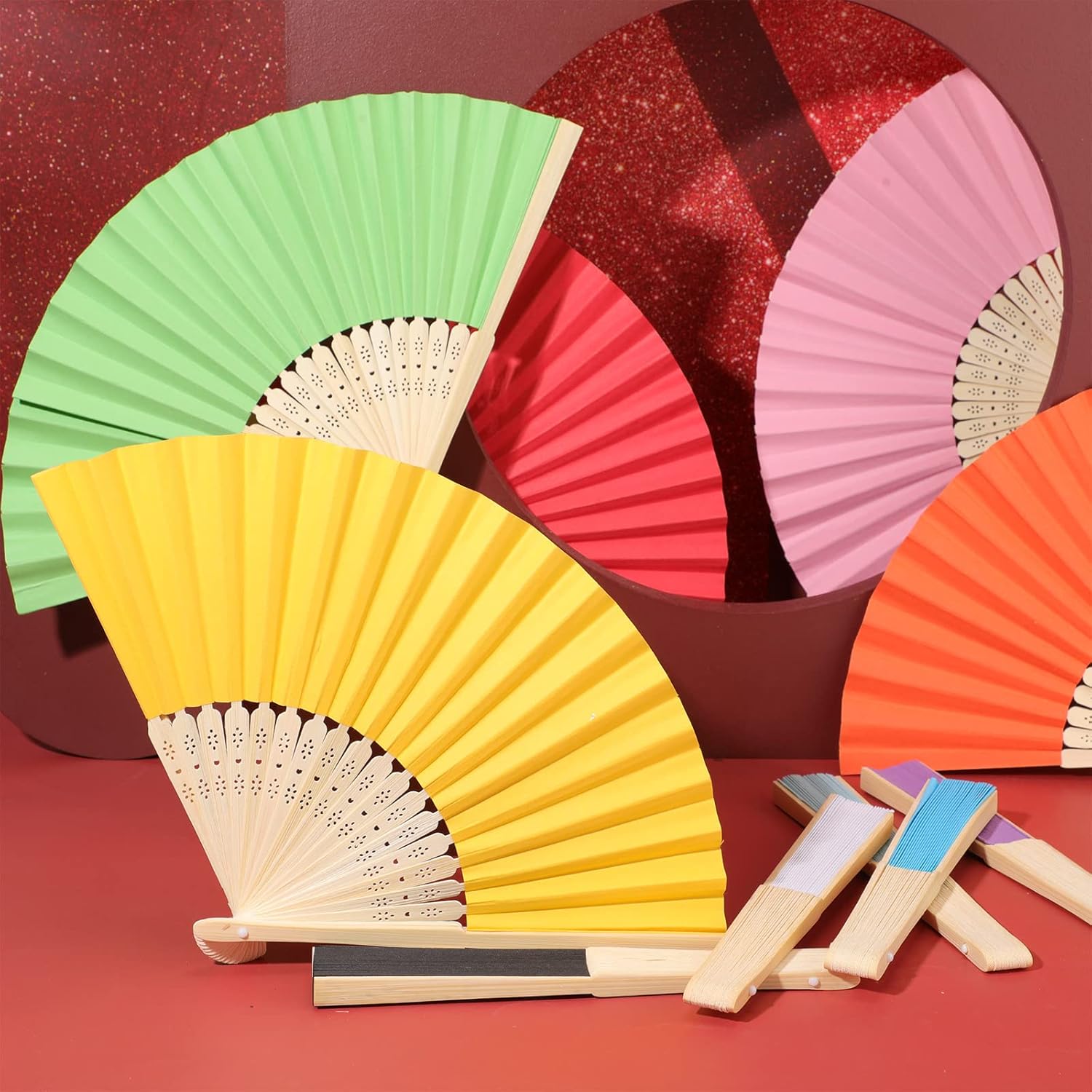 Colorful Wooden & Fabric Fans Assorted colors Hand Fans, Handheld Fold ...