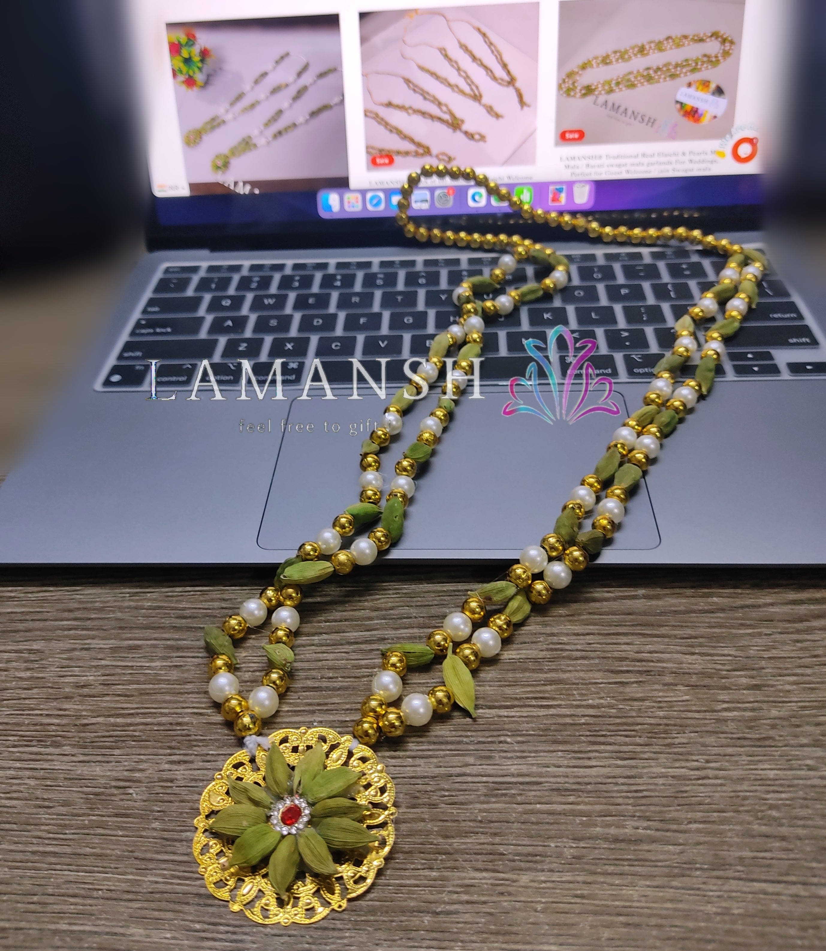 LAMANSH Traditional Jain Elaichi Golden White Moti Mala / Barati swaga ...
