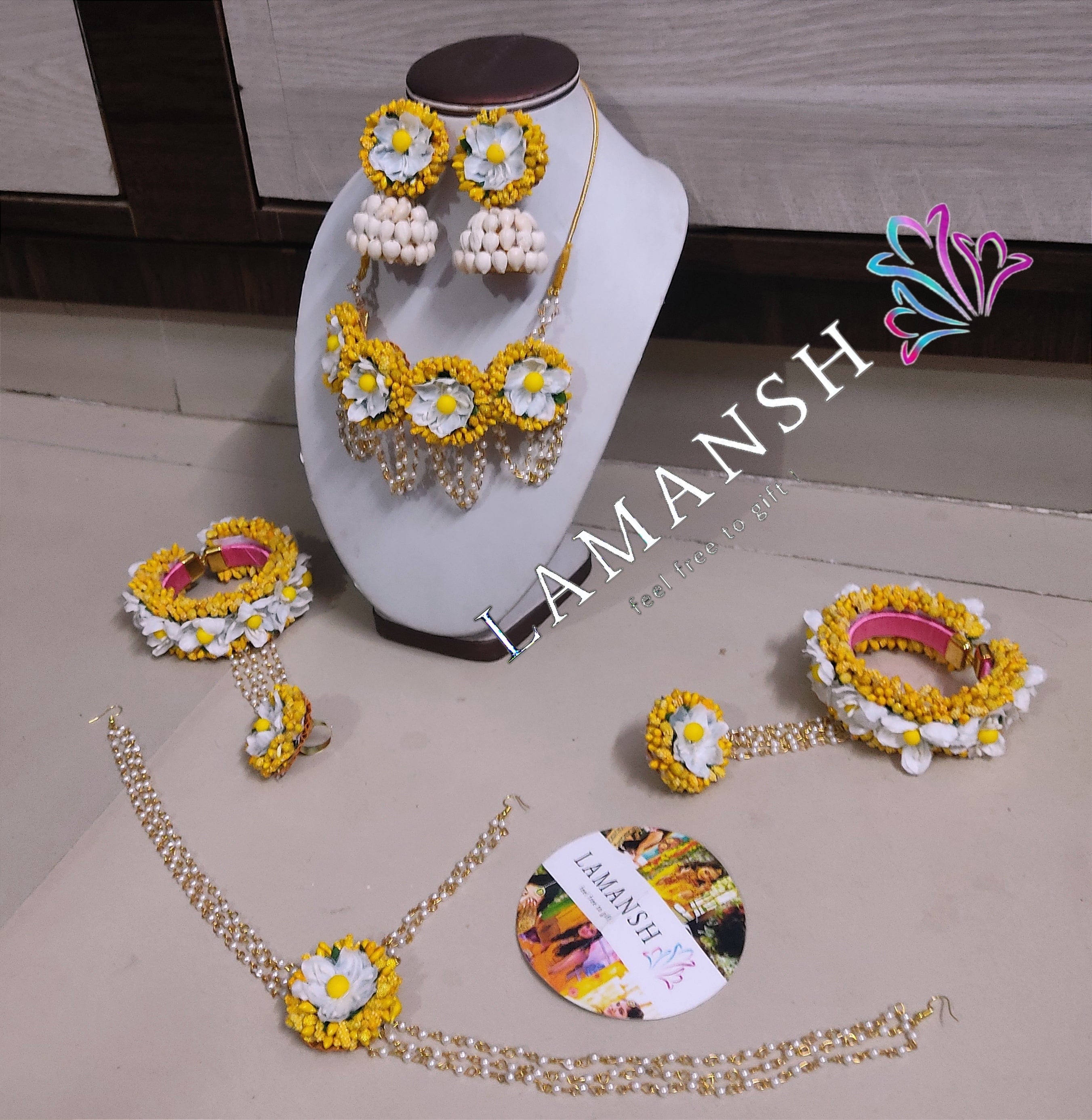 LAMANSH® Bridal Floral Haldi 🌺 Jewellery Set with Mogra Jhumki earring ...