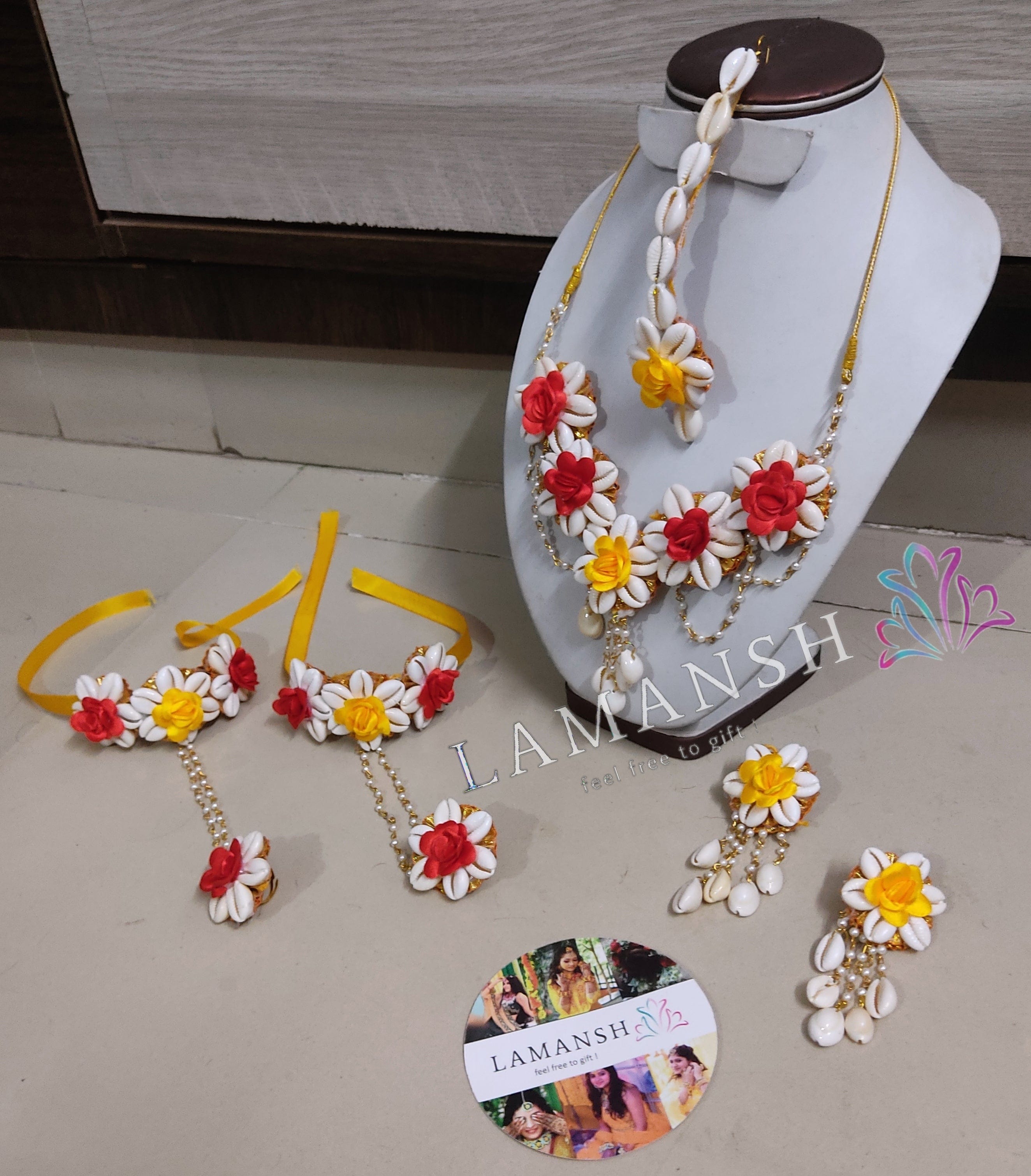 LAMANSH® Yellow Red Flowers 🌼🌹 Shells Jewellery Set for Bridal Haldi ...